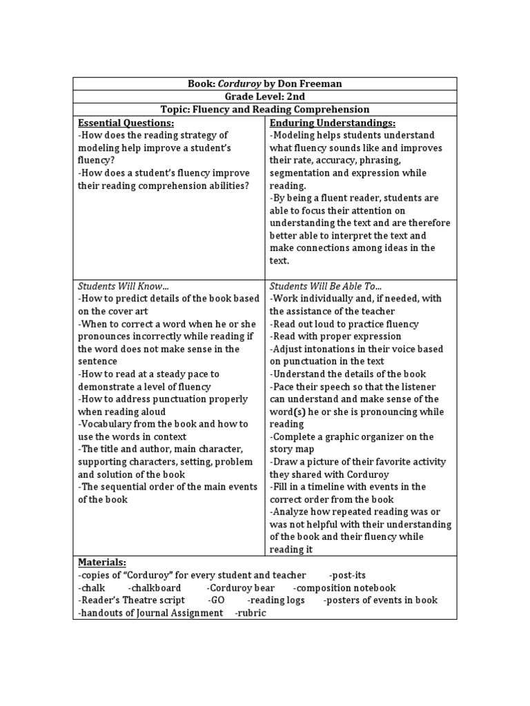 Corduroy Grade Level 2nd Topic Fluency and Reading PDF | PDF | Reading ...