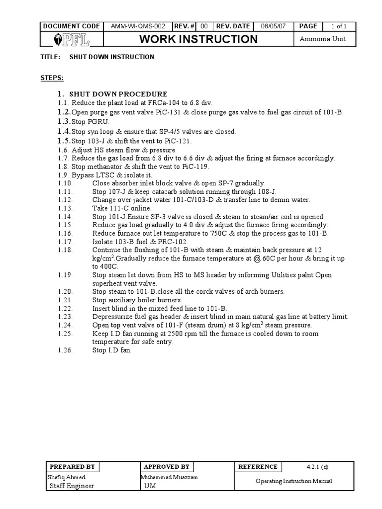 02-WI-Shutdown Procedures Ammonia Plant | PDF | Furnace | Valve