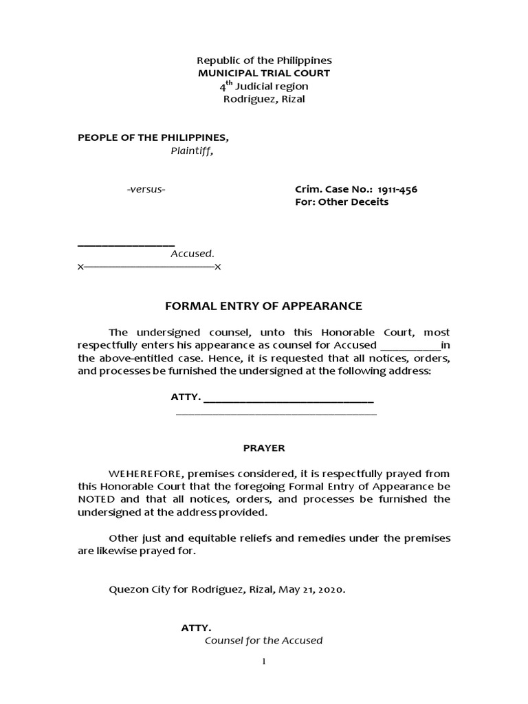 Formal Entry of Appearance Template | PDF