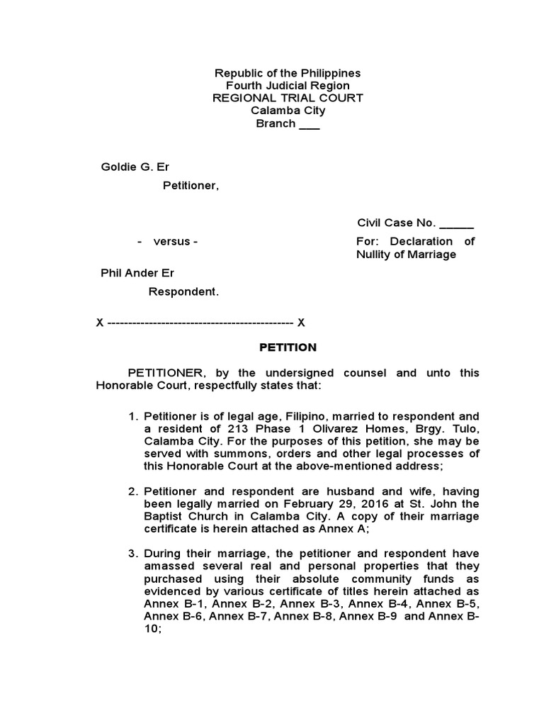 Petition For Declaration of Nullity of Marriage | PDF | Public Law ...