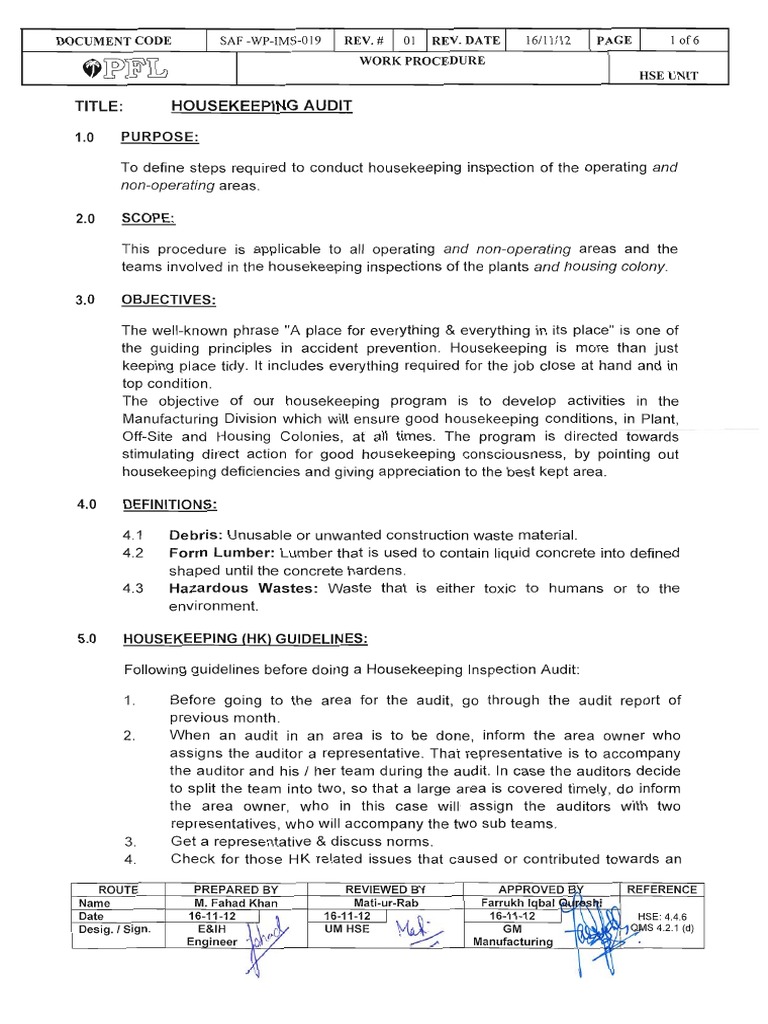 House Keeping Procedure and Checklist | PDF