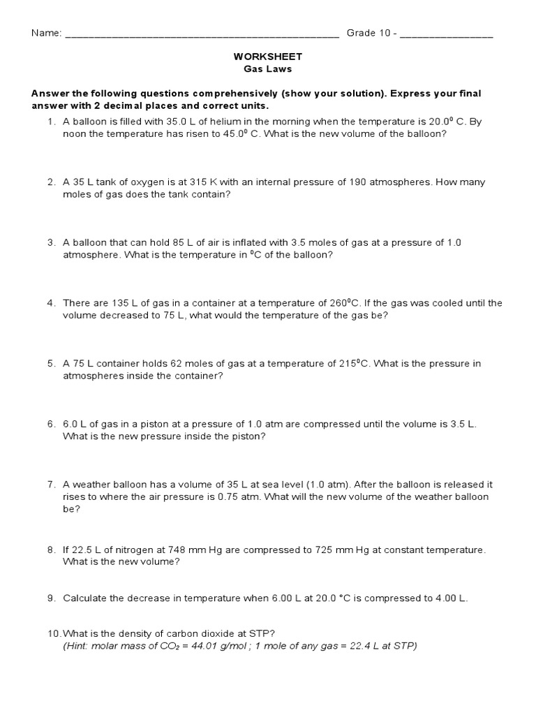 GAS LAWS - Worksheet