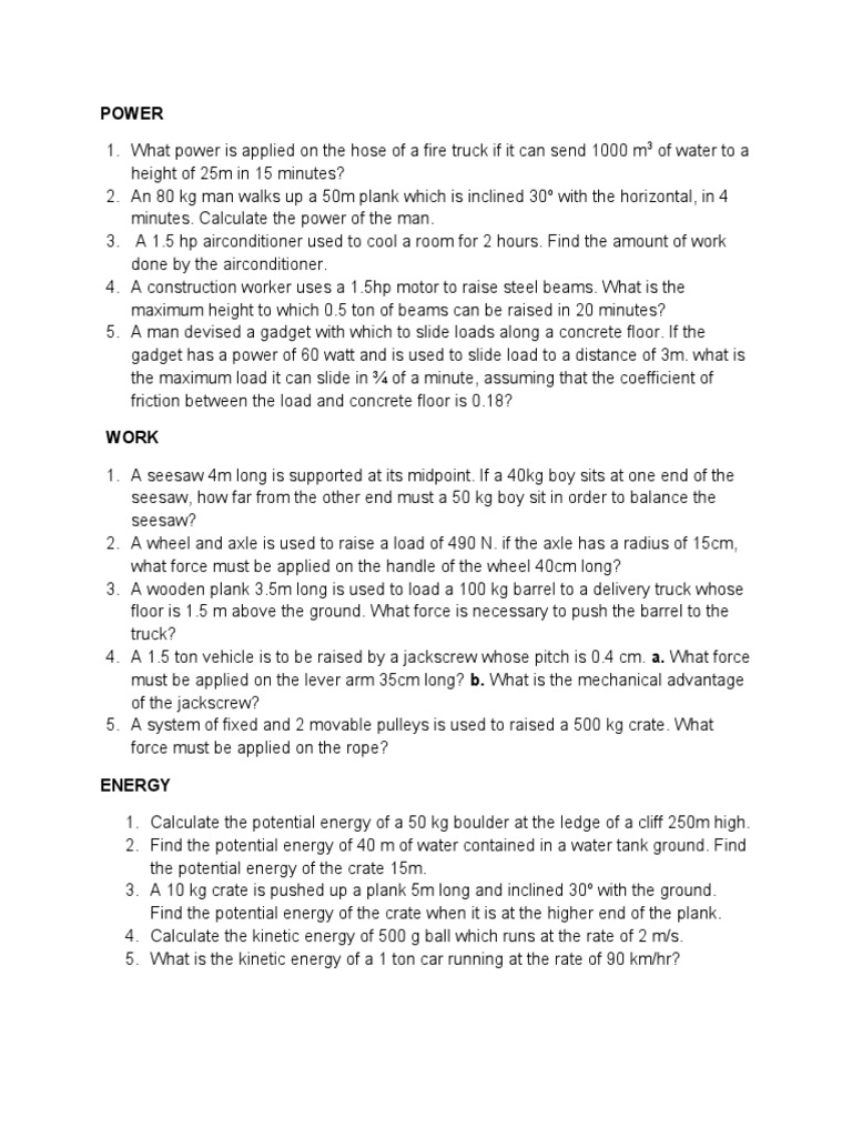 Work-Energy-POwer Worksheet | PDF | Potential Energy | Mechanical ...