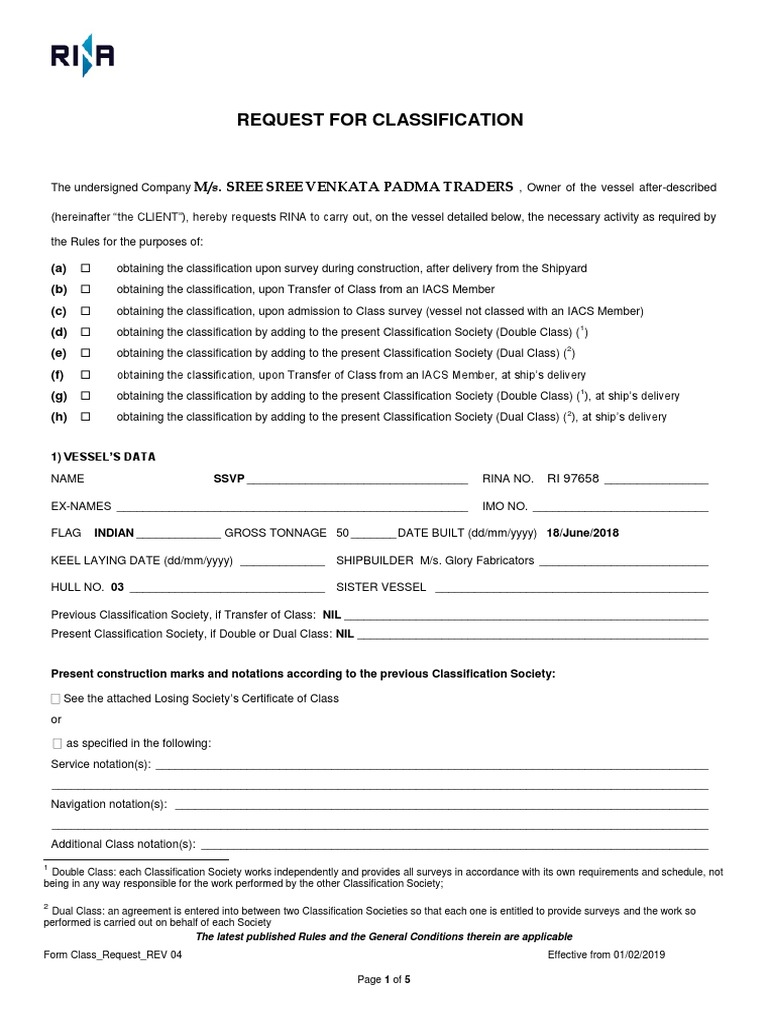 Vessel Classification Request Form | PDF | Water Transport | Business