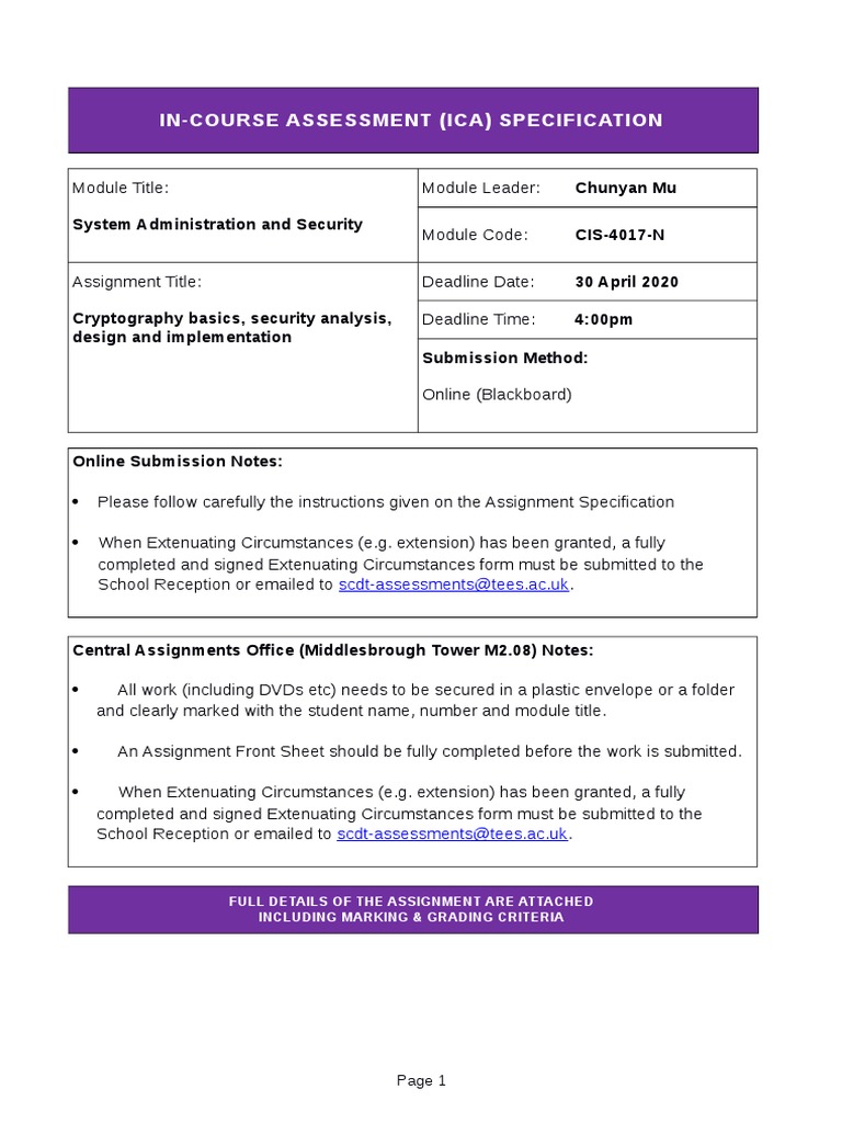 In-Course Assessment (Ica) Specification: Chunyan Mu CIS-4017-N 30 ...