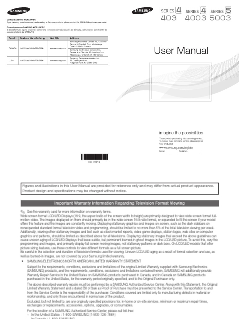 Samsung LED TV UN40D5003BF User's Manual | PDF | Hdmi | Set Top Box