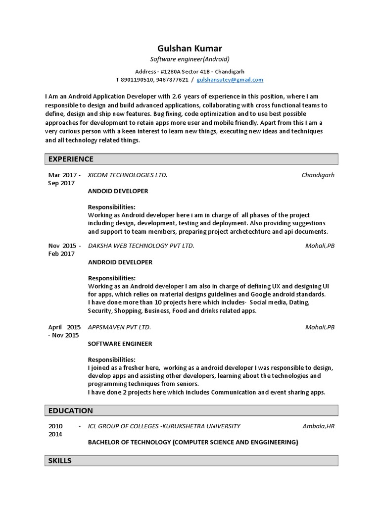 Resume Gulshan Android | PDF | Android (Operating System) | Application ...