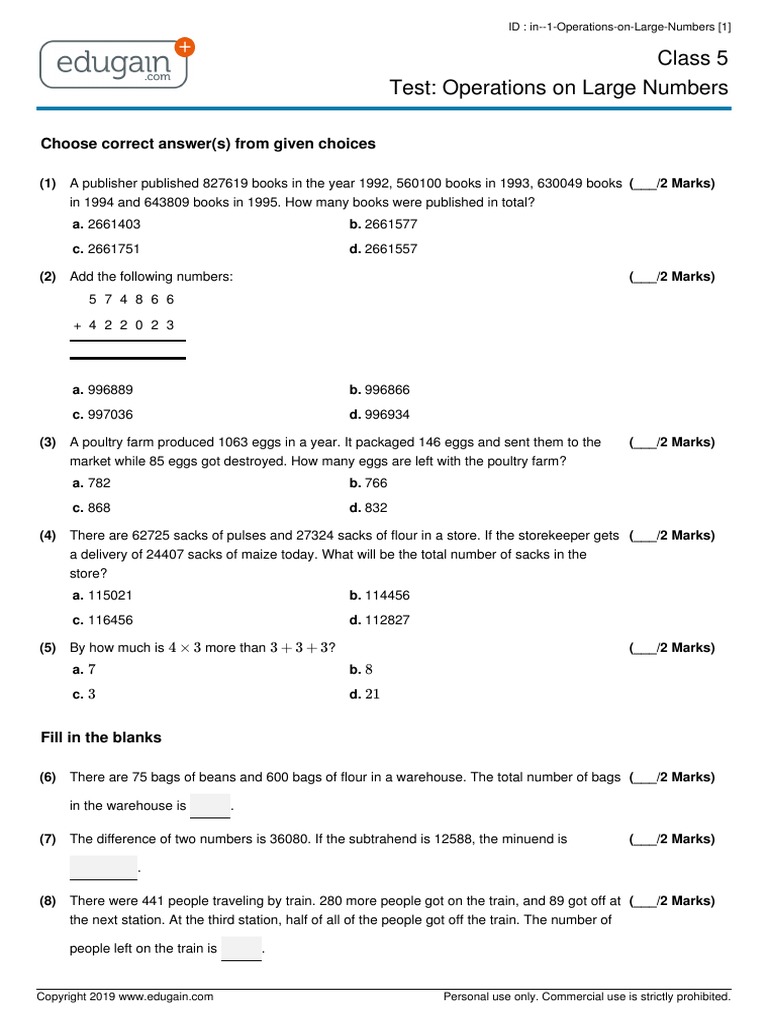 Grade 1 Operations On Large Numbers in PDF | PDF | Subtraction | Business