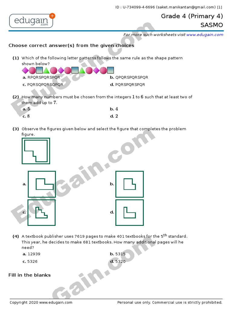 Grade 4 (Primary 4) Sasmo: Choose Correct Answer(s) From The Given ...