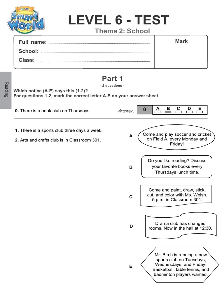 Level 6 - Test: Theme 2: School | PDF