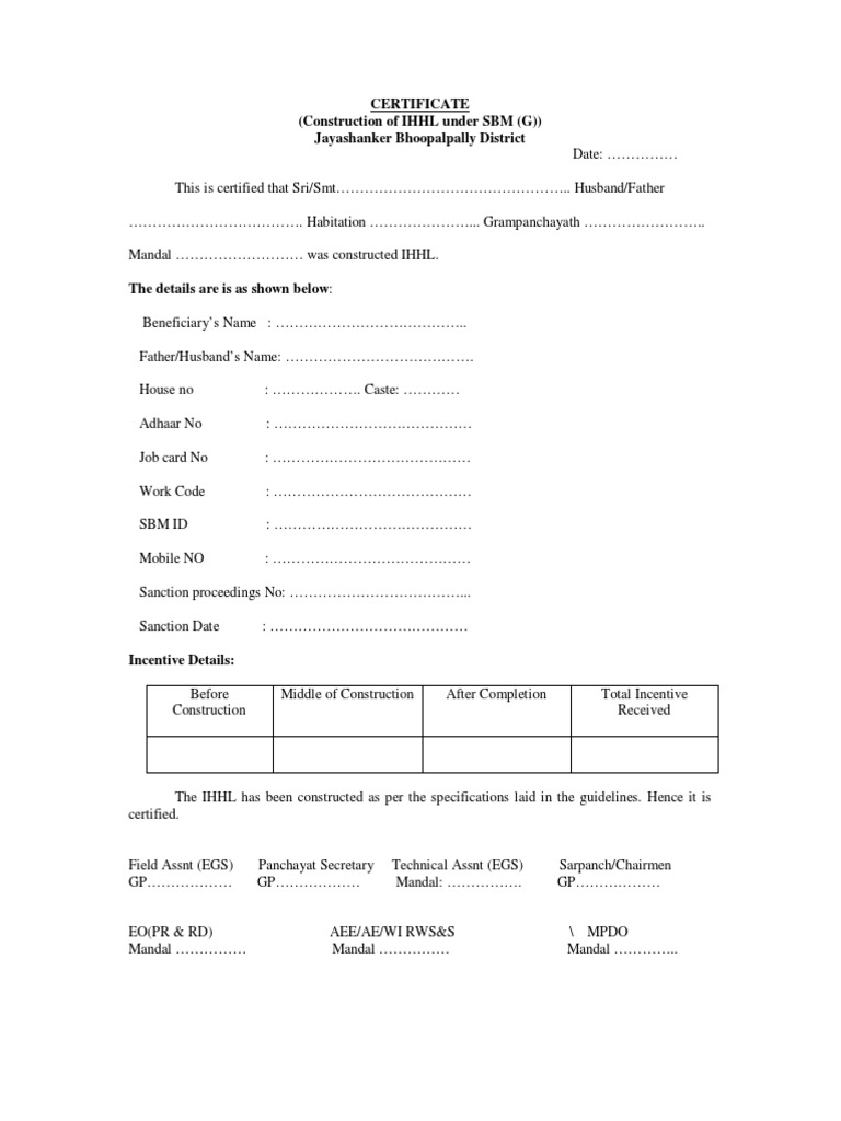 Certificate (Construction of IHHL Under SBM (G) ) Jayashanker ...