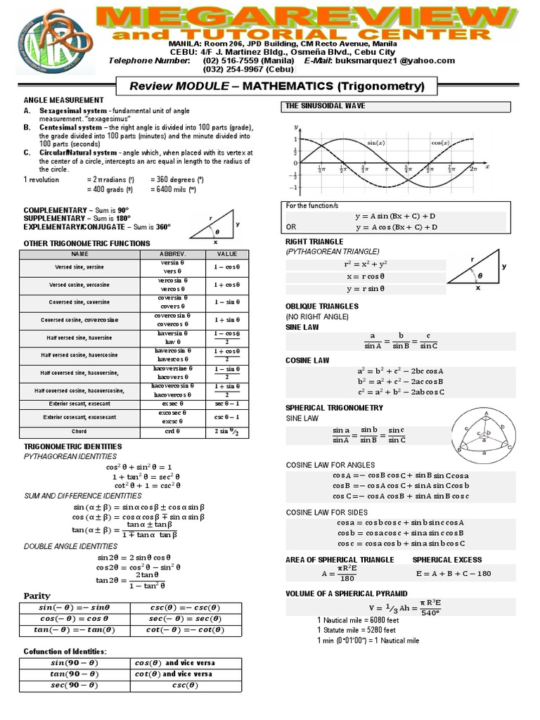 Review MODULE - MATHEMATICS (Trigonometry) : Telephone Number | PDF | Trigonometric Functions | Sine