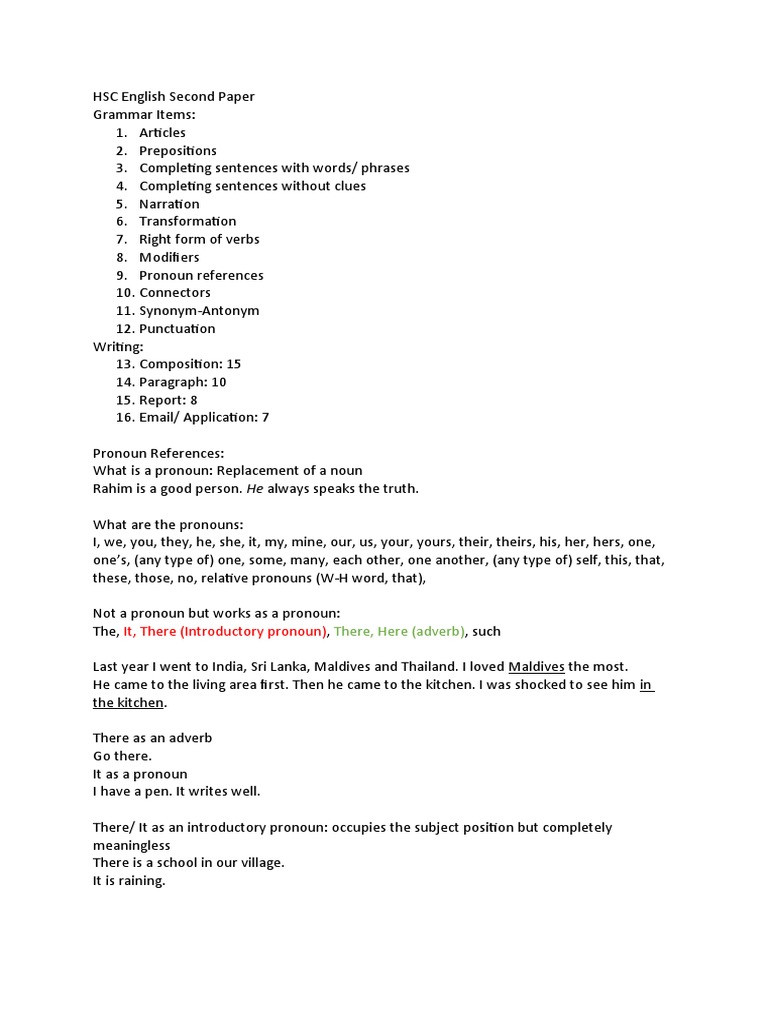 Pronoun Reference Guide for HSC English | PDF | Language Arts ...