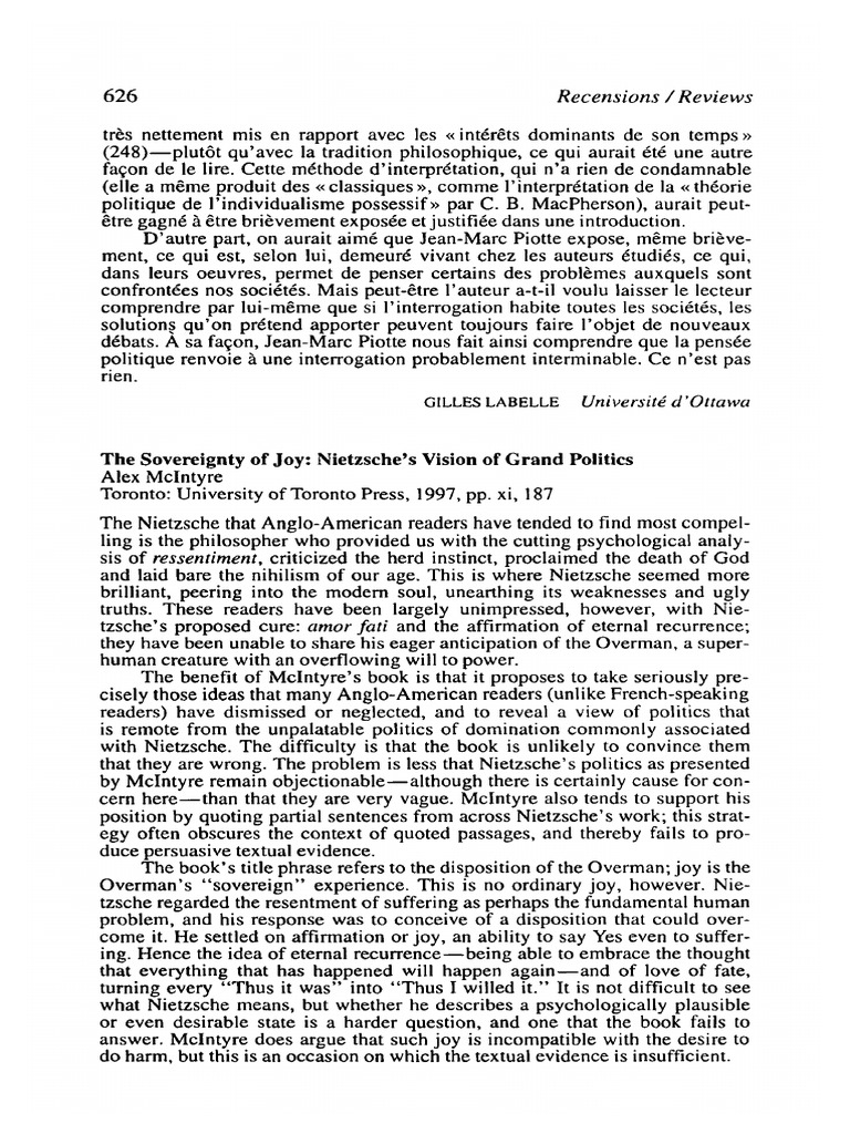 626 Recensions / Reviews: The Sovereignty of Joy: Nietzsche's Vision of ...