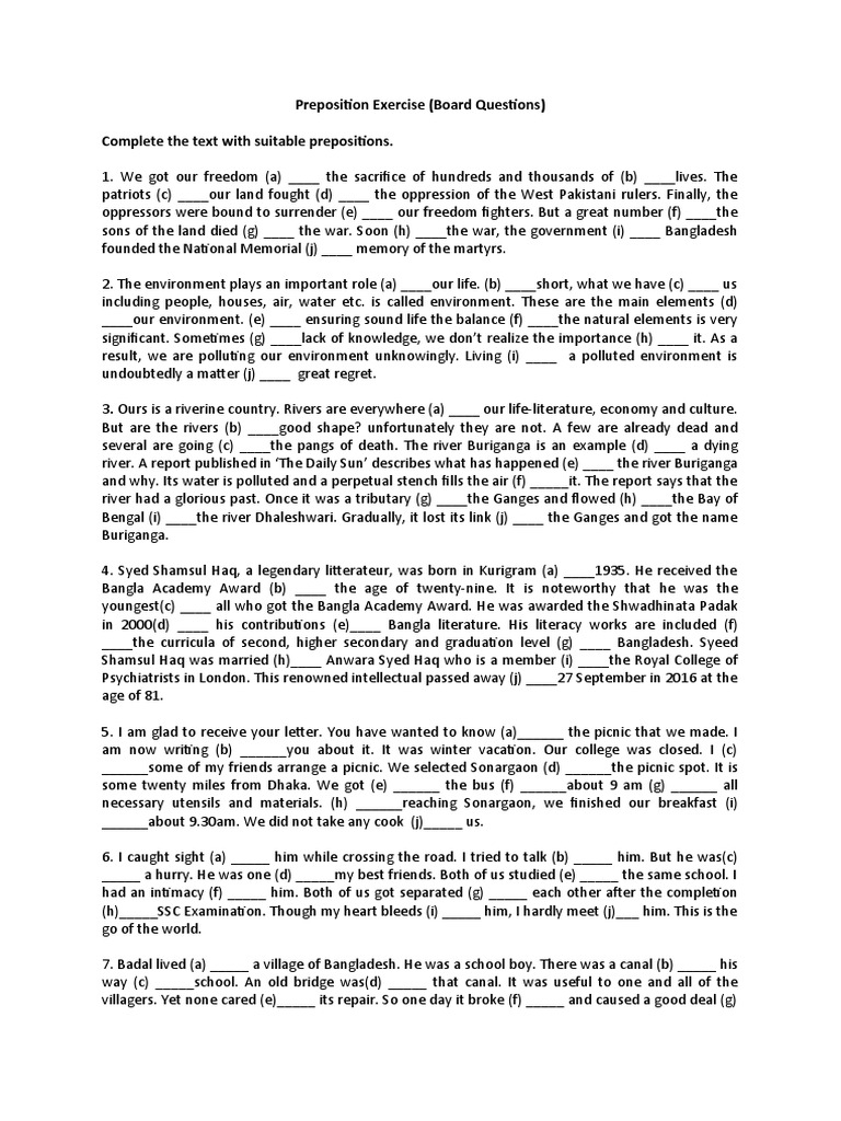 Preposition Exercise (Board Questions) Complete The Text With Suitable ...