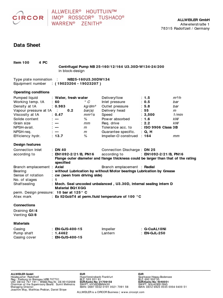 Fresh Water Pump NB 25-160 Data Sheet | PDF | Pump | Quantity