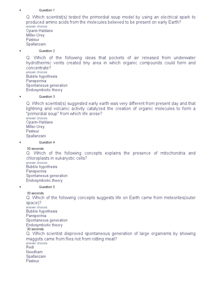 Origin and Evolution of Life Quiz | PDF | Abiogenesis | Prokaryote