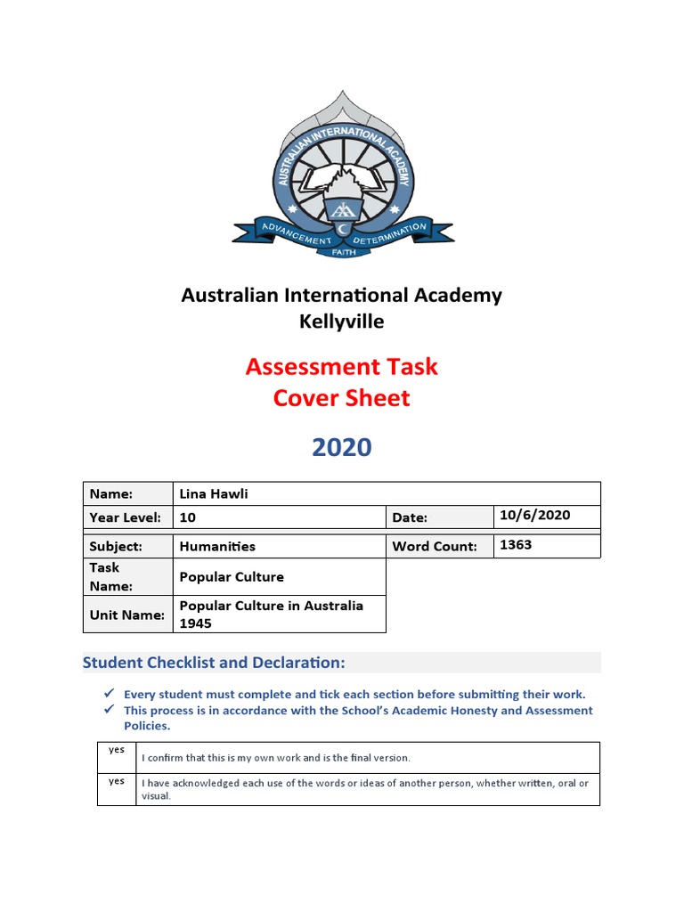 Assessment Task Cover Sheet: Australian International Academy Kellyville | PDF | Feminism ...