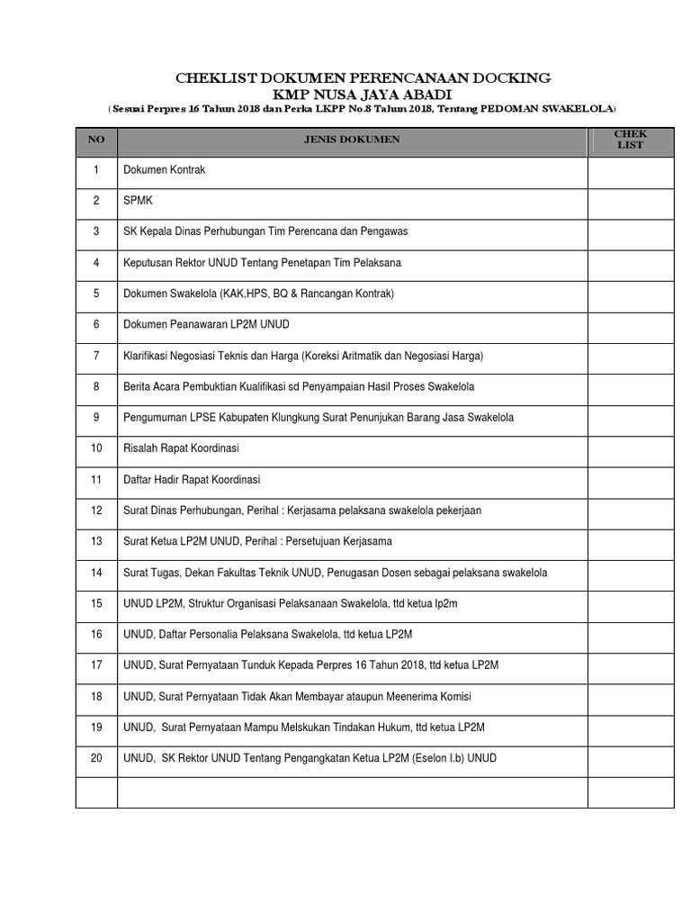 Cheklist Dokumen Perencanaan Docking KMP Nusa Jaya Abadi | PDF