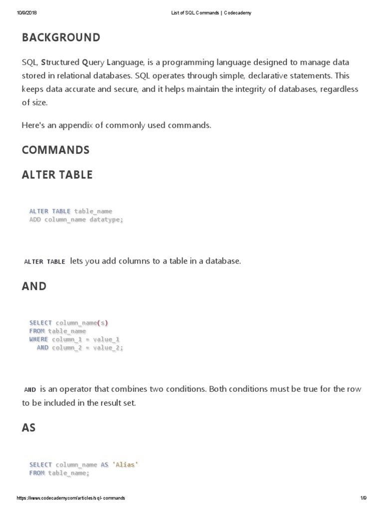 List Of Sql Commands Codecademy Pdf Table Database Sql