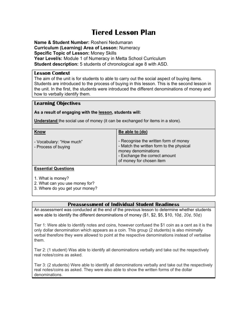 Tiered Lesson Plan | PDF | Money | Curriculum