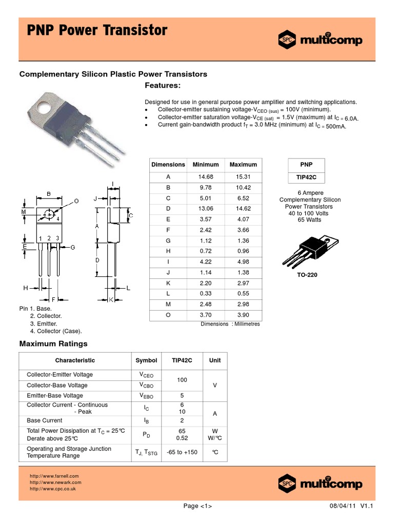 PNP Power Transistor: Features: Complementary Silicon Plastic Power ...