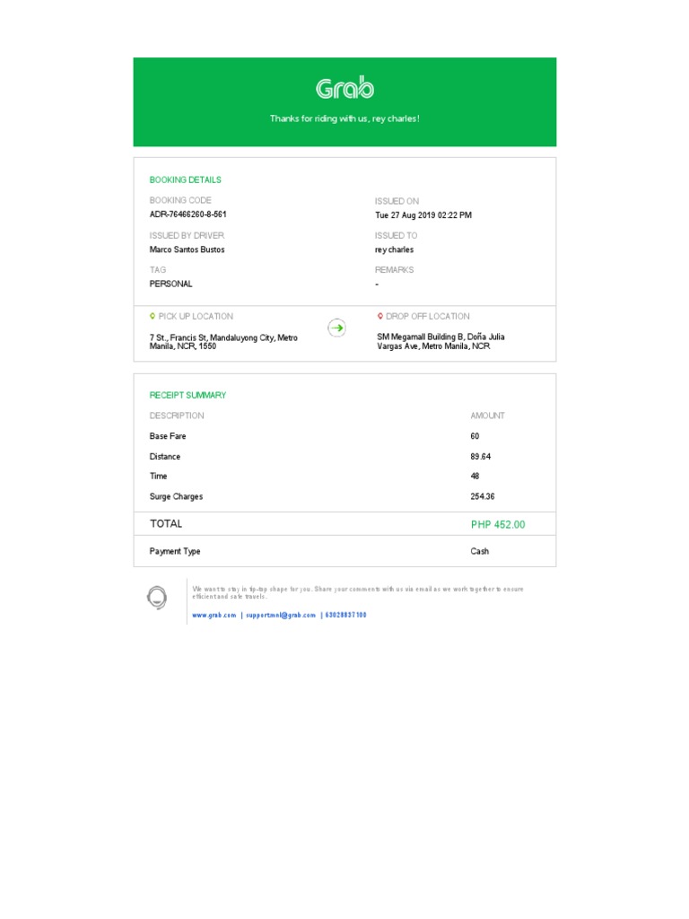 Ride Receipt: Mandaluyong to SM Megamall | PDF