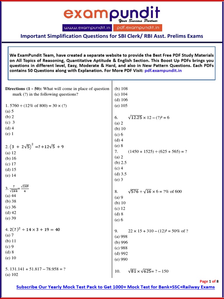 Important Simplification Questions For Sbi Clerk Rbi Assistant Prelims ...