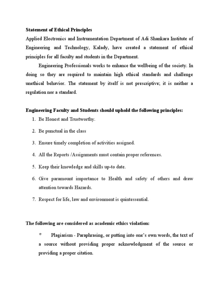 Statement of Ethical Principles: The Following Are Considered As ...