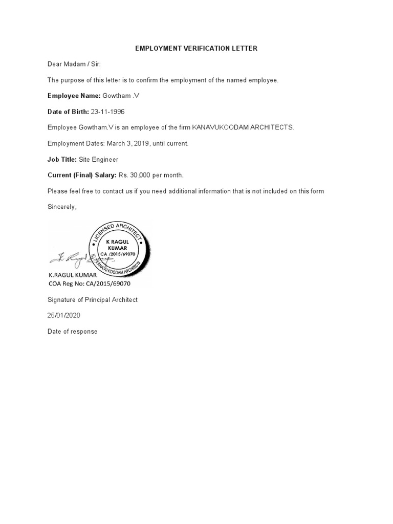 Employment Verification for Gowtham.V | PDF