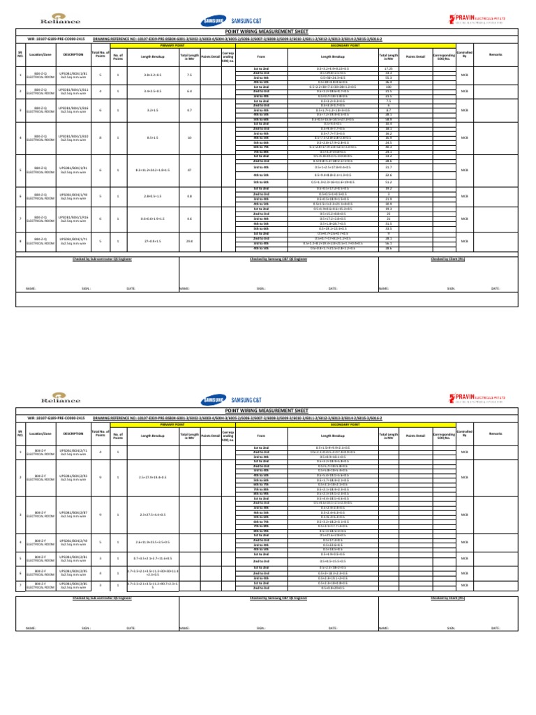 Point Wiring Measurement Sheet | PDF | Wire | Manufactured Goods