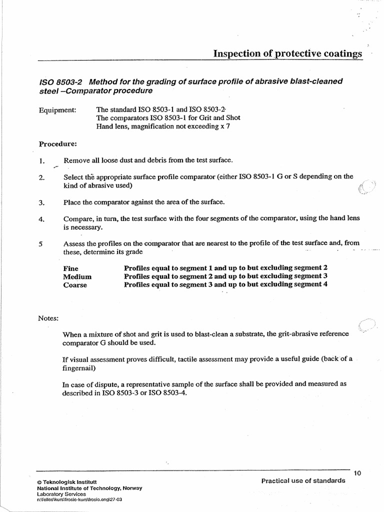 ISO 8503-2 Procedure For Surface Profile Comparator Method | PDF