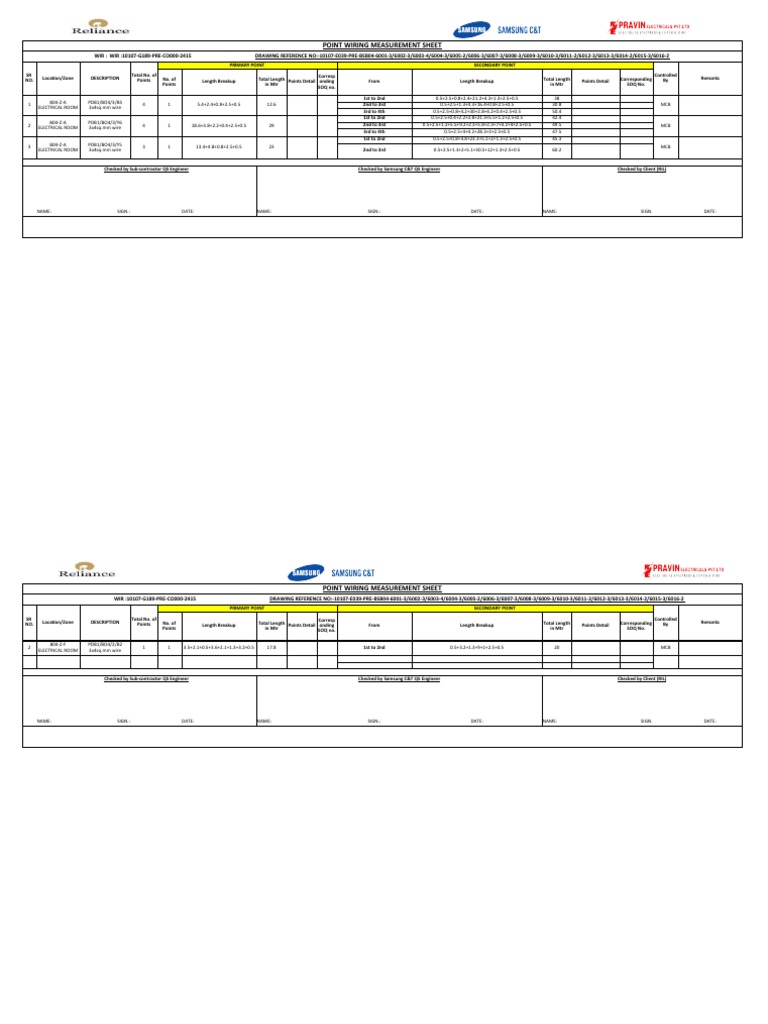 Point Wiring Measurement Sheet | PDF | Wire | Manufactured Goods