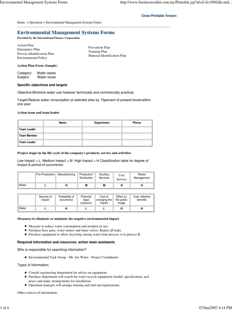 Environmental Management Systems Forms | PDF | Environmental Policy ...