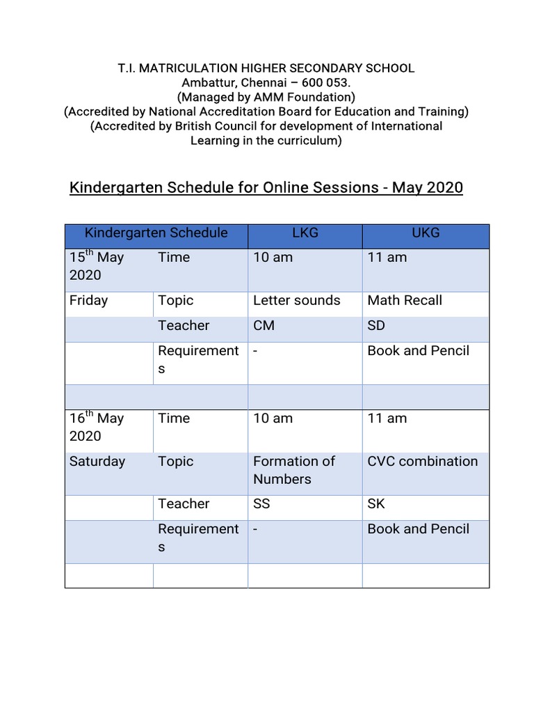 LKG Online Class Schedule - May 2020 | PDF