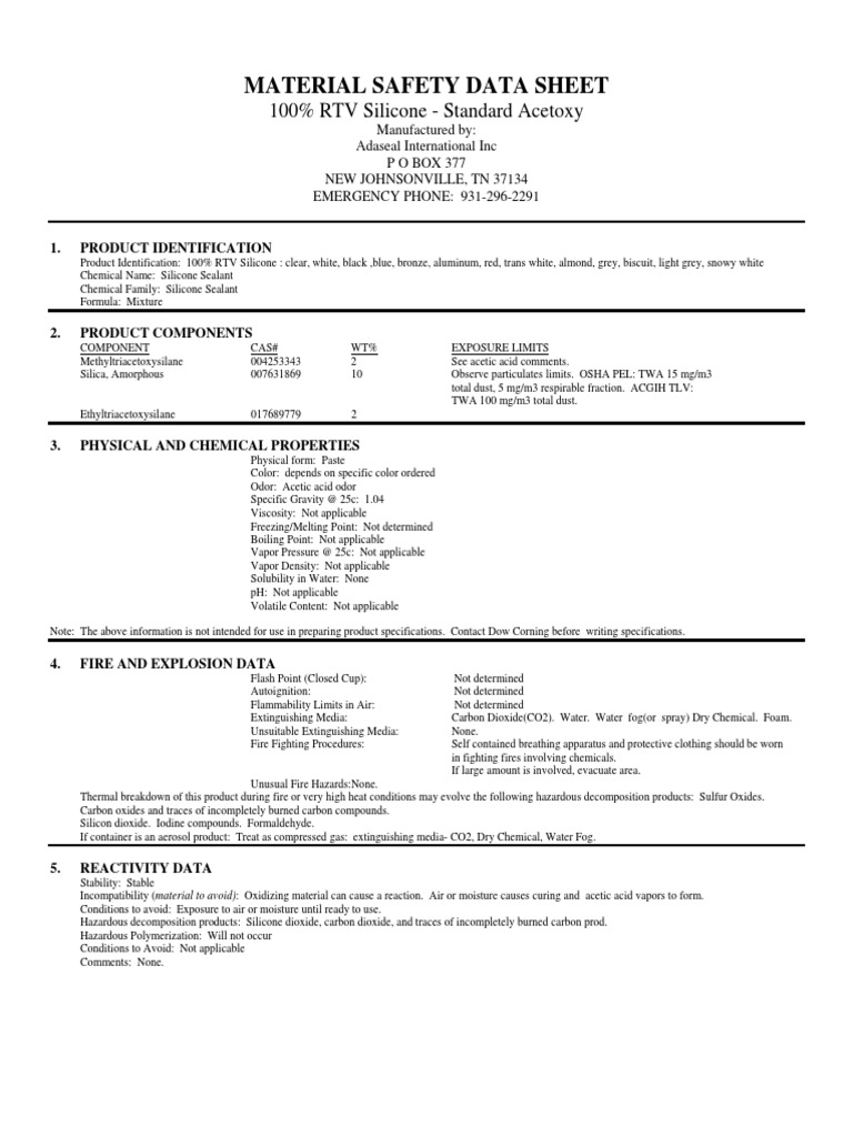 Material Safety Data Sheet: 100% RTV Silicone - Standard Acetoxy | PDF ...