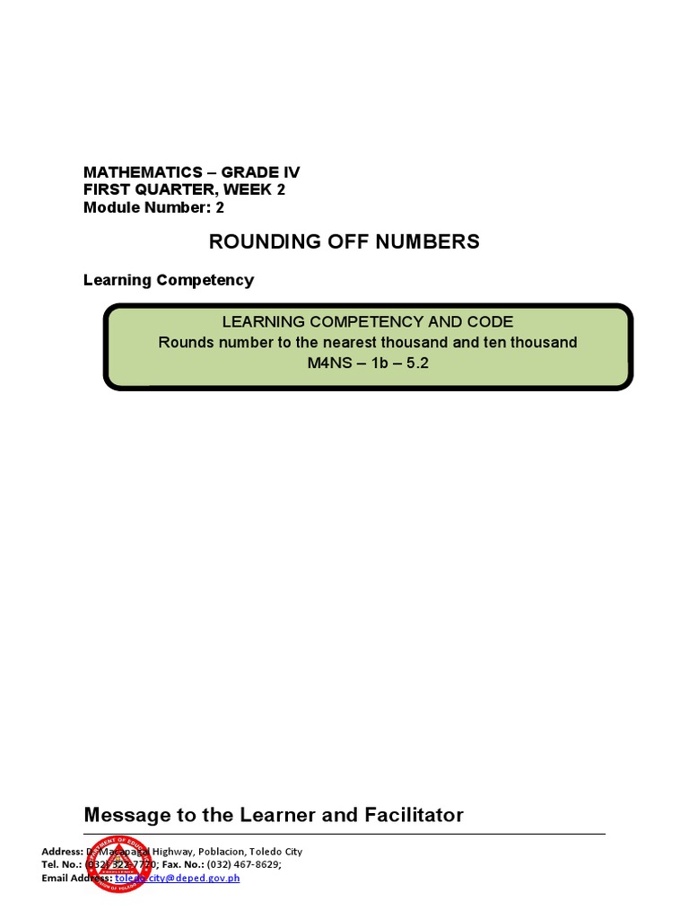Rounding Off Numbers: Mathematics - Grade Iv First Quarter, Week 2 ...