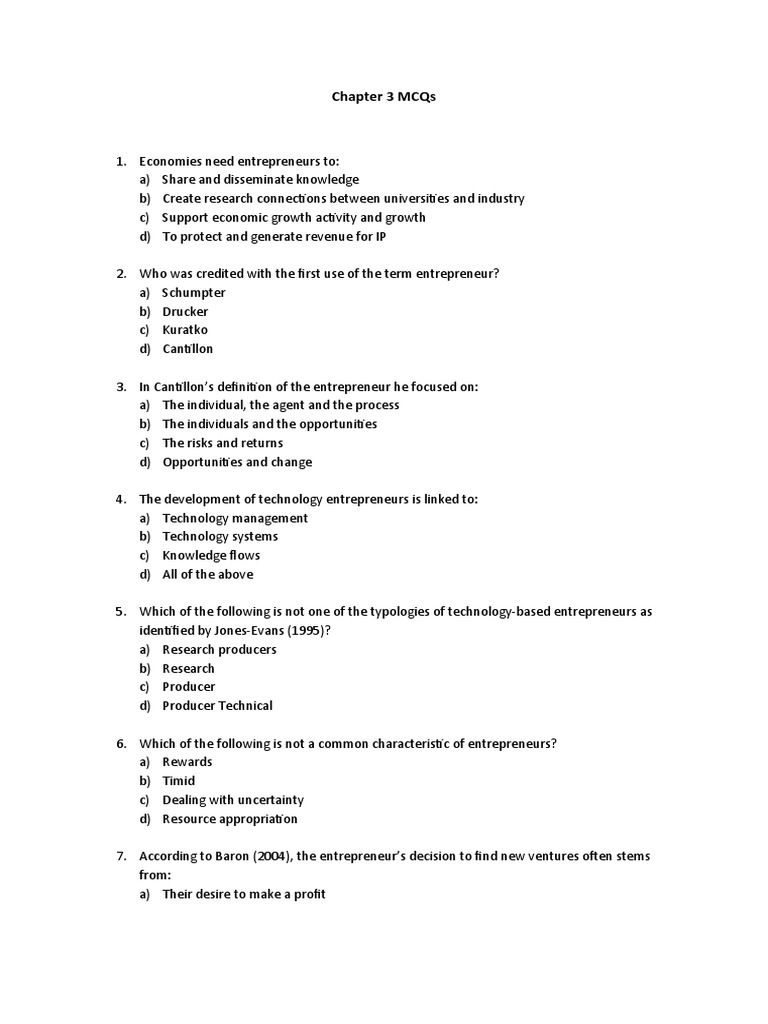 Chapter 3 MCQs | PDF | Entrepreneurship | Economies