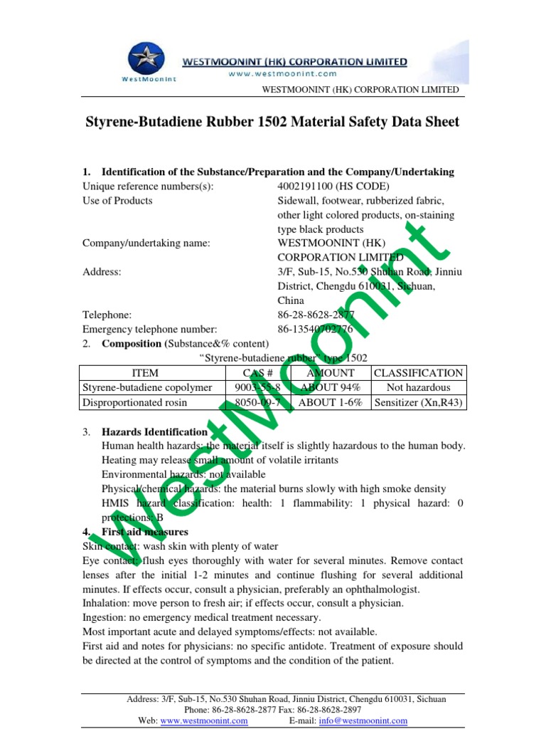 Styrene-Butadiene Rubber 1502 Material Safety Data Sheet | PDF ...