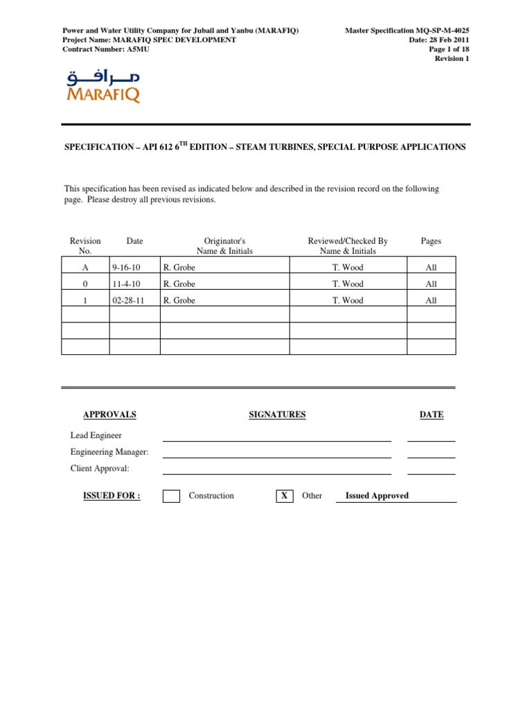 Specification - Api 612 6 Edition - Steam Turbines, Special Purpose ...