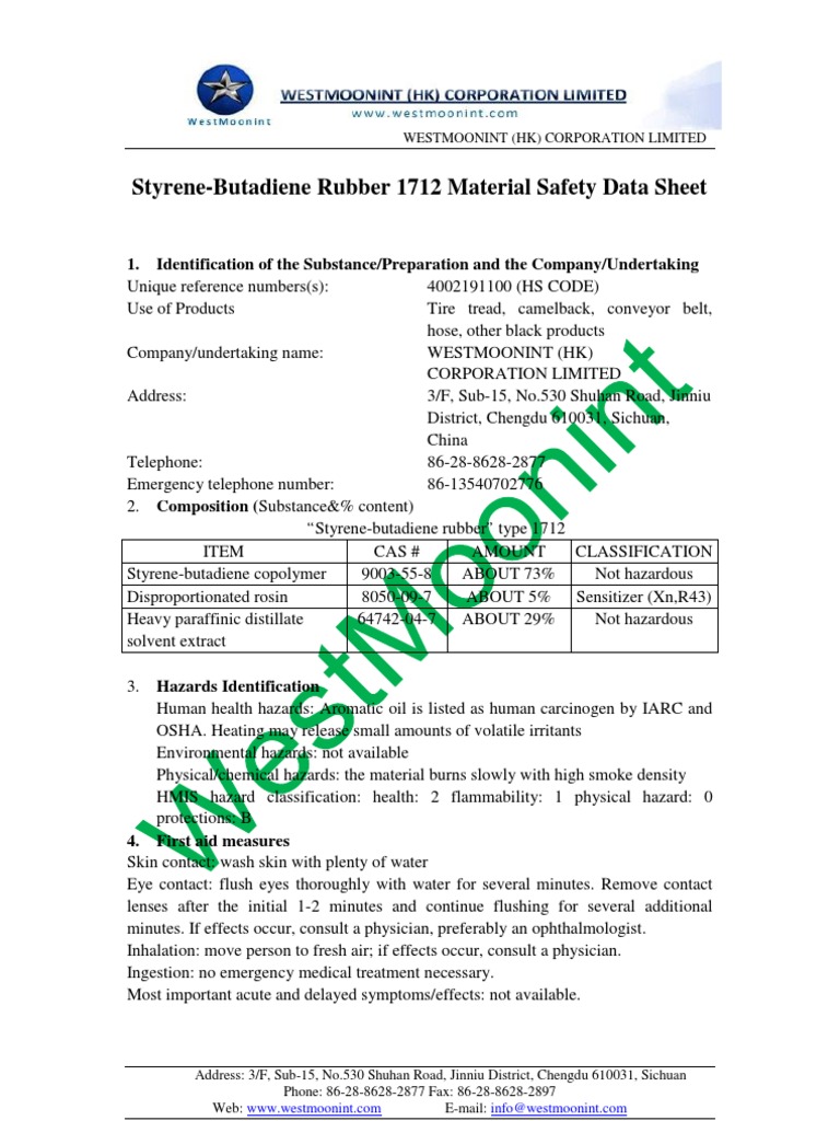 Styrene-Butadiene Rubber 1712 Material Safety Data Sheet | PDF ...