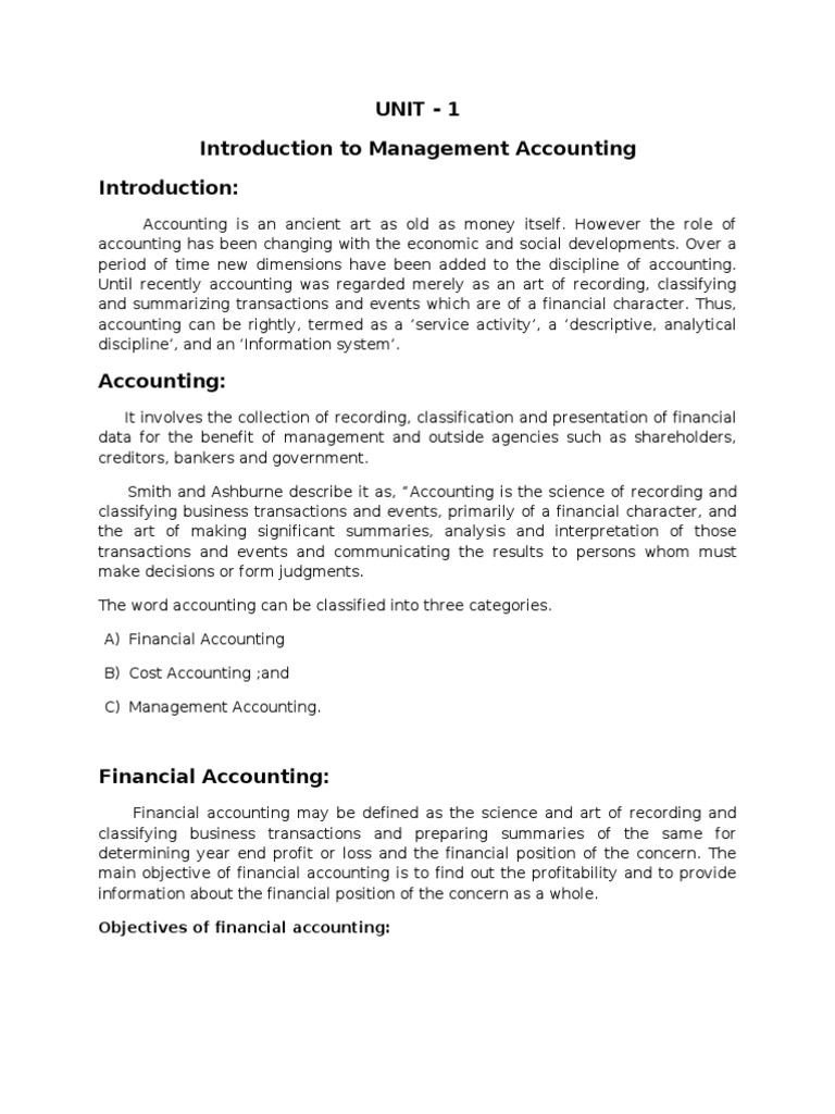 Unit - 1 Introduction To Management Accounting: Objectives of Financial ...