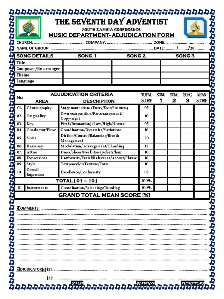 The Seventh Day Adventist: Music Department-Adjudication Form | PDF ...