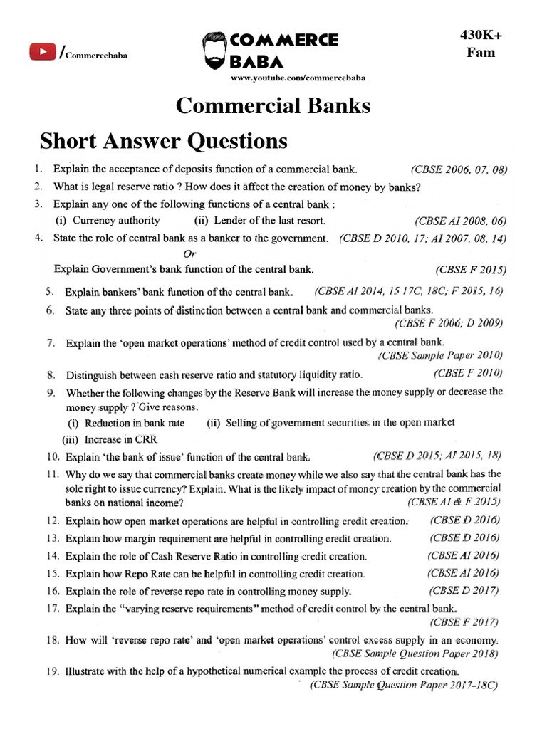 Commercial Banks Short Answer Questions: 430K+ Fam | PDF | Career ...