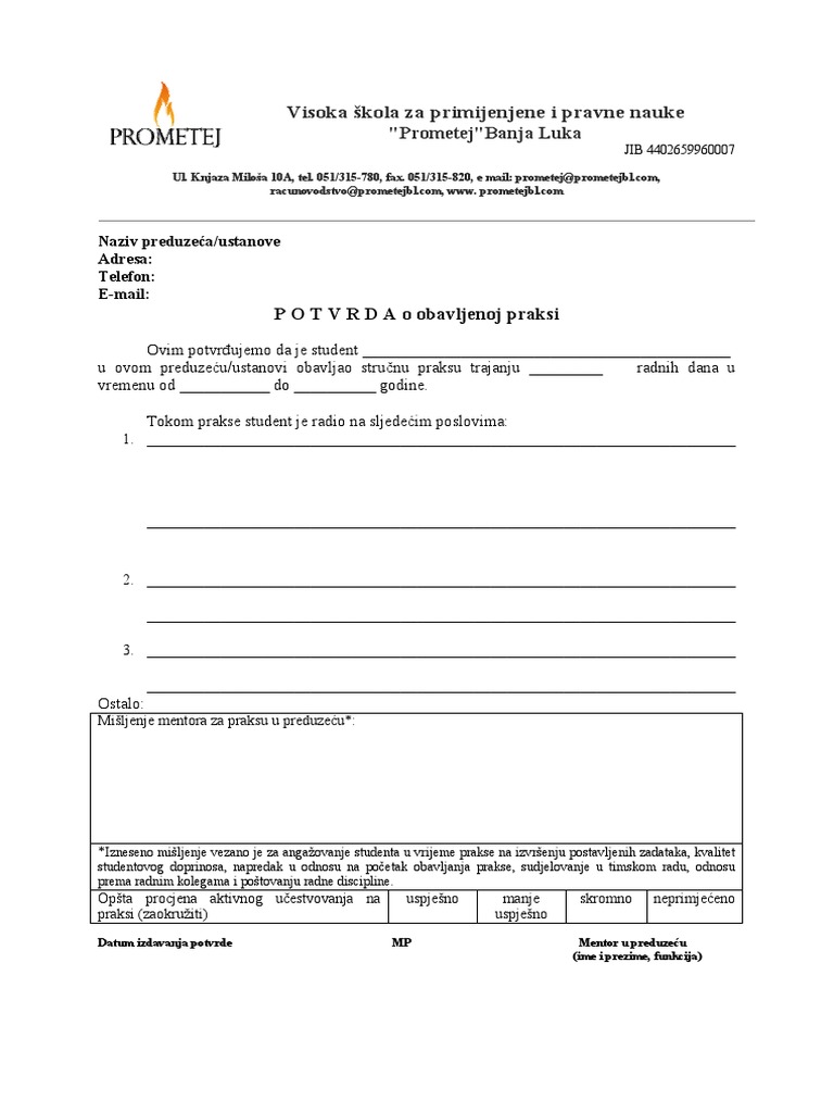 Potvrda o Praksi Ekonomija | PDF