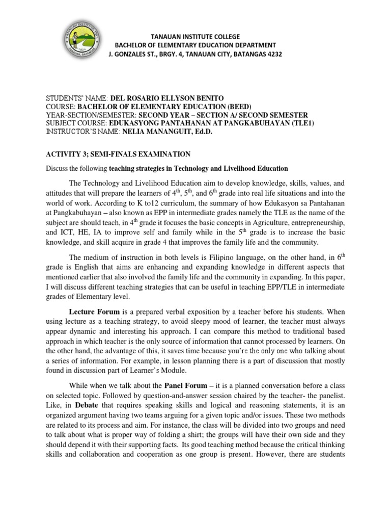 Tanauan Institute College Bachelor of Elementary Education Department J ...