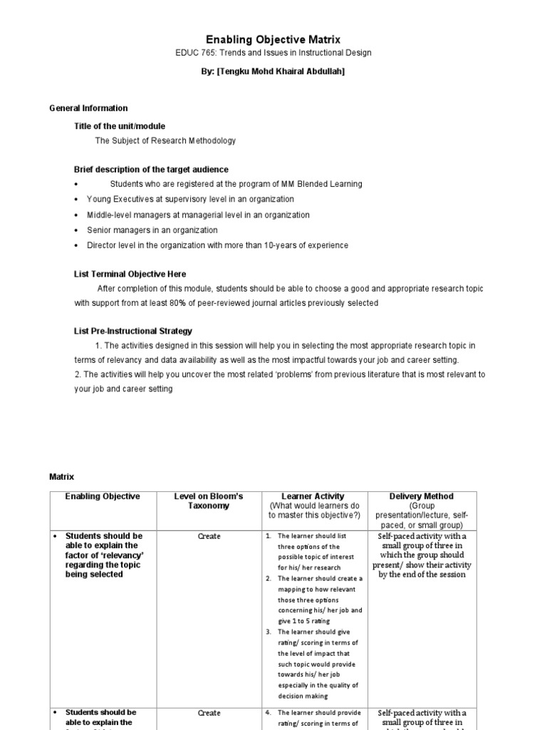Enabling-Objectives-Matrix Tengku Final | PDF | Educational Psychology ...