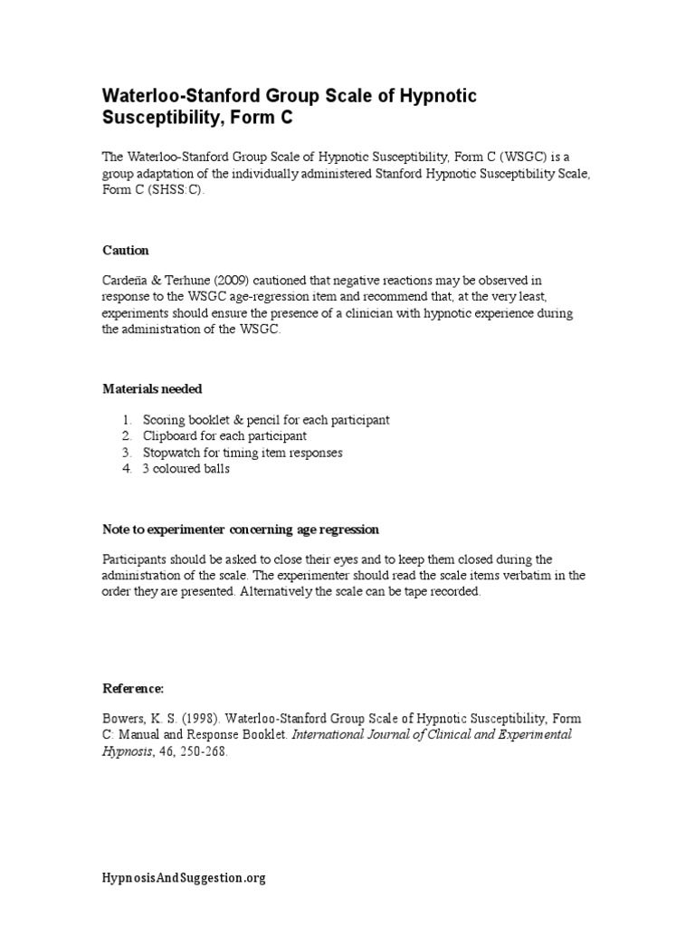 Waterloo-Stanford Group Scale of Hypnotic Susceptibility, Form C | PDF ...
