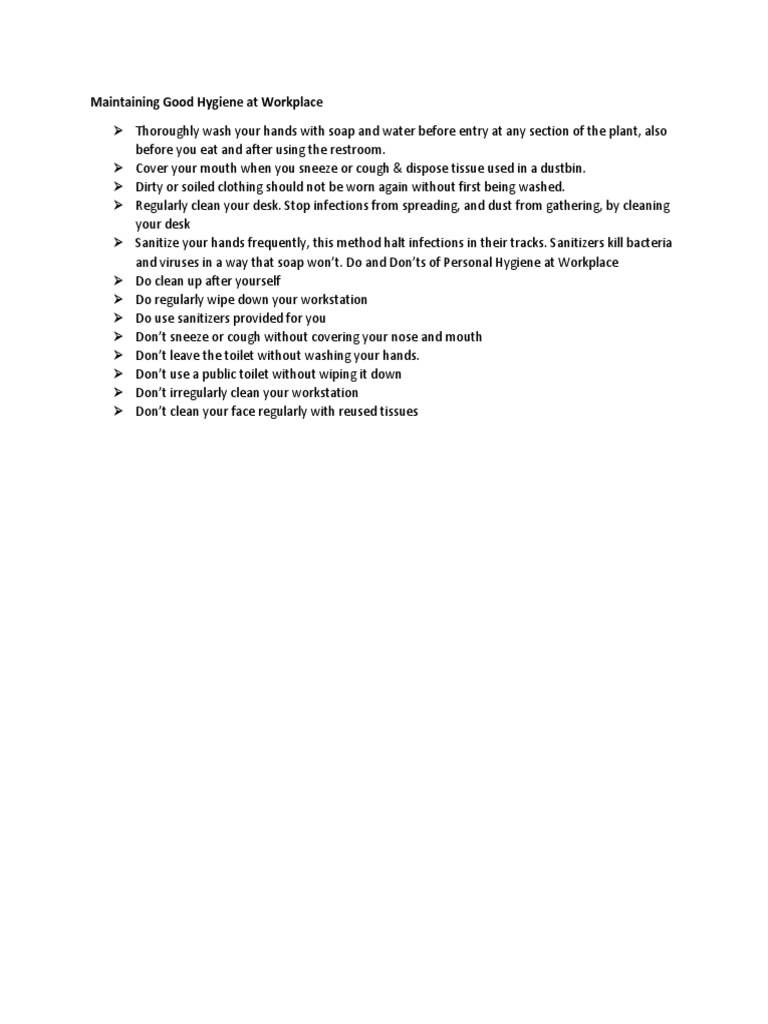 Good Hygiene at Workplace | PDF