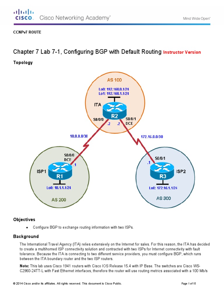 Chapter 7 Lab 7-1, Configuring BGP With Default Routing: Topology | PDF | Router (Computing ...